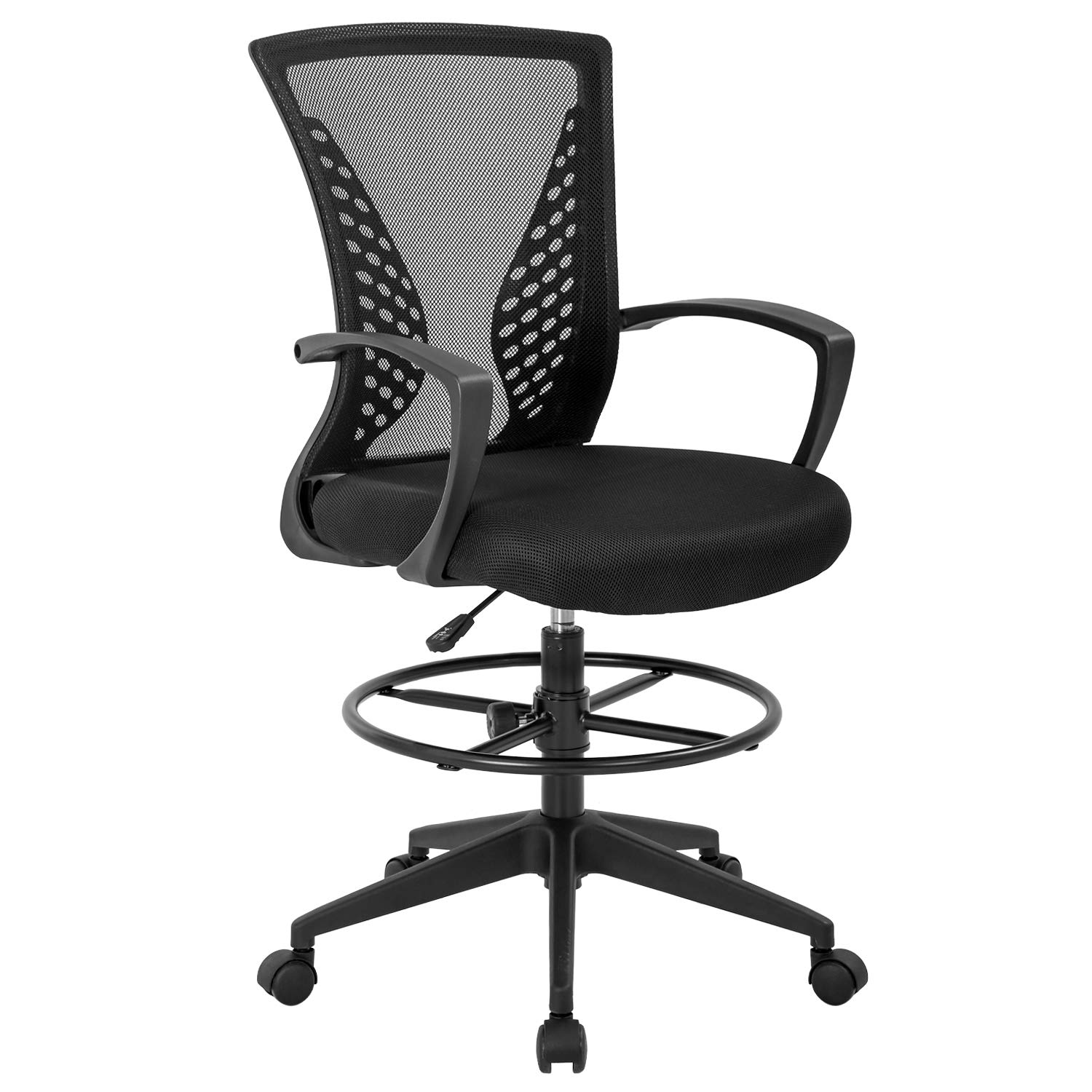Drafting Chair Tall Ergonomic Office Chair Home Desk Chair Rolling Computer Mesh Swivel Modern Executive Task Chair with Height Adjustable Foot Rest Mid Back Lumbar Support Armrest Black