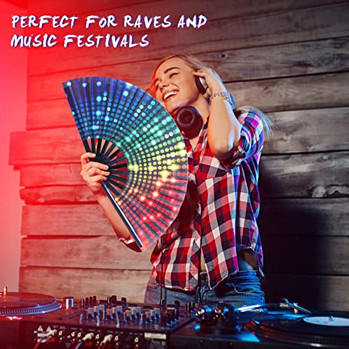 Gionforsy 2pcs Rave Hand fan Bamboo Holding Hand Fan Large Folding Fan with Bright Color Fabric Folding Fan for Festival (Style-2)