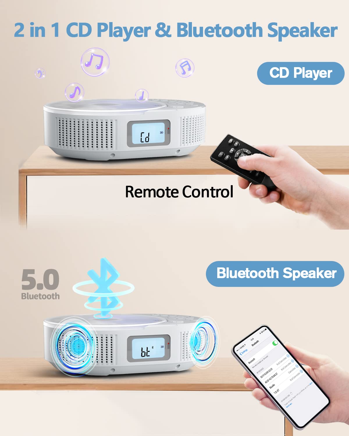 CD Player Portable, FELEMAN Upgraded Boombox CD Player & Bluetooth Speaker 2 in 1 Combo, Rechargeable Portable CD Player for Car/Home with Remote Control, FM Radio, Support AUX/USB, Headphone Jack