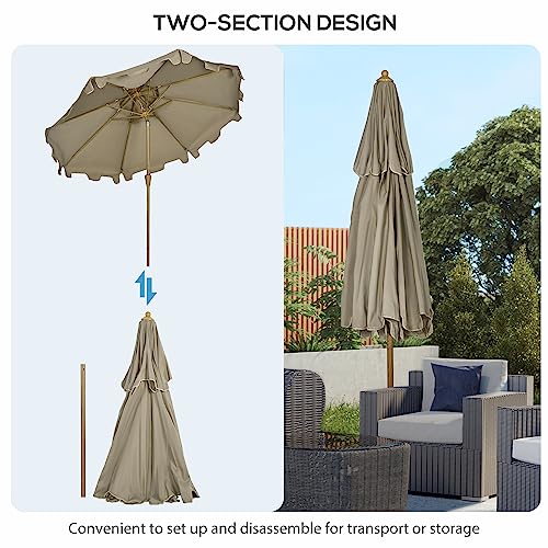 Outsunny 9' Patio Umbrella with Push Button Tilt and Crank, Double Top Ruffled Outdoor Market Table Umbrella with 8 Ribs, for Garden, Deck, Pool, Brown