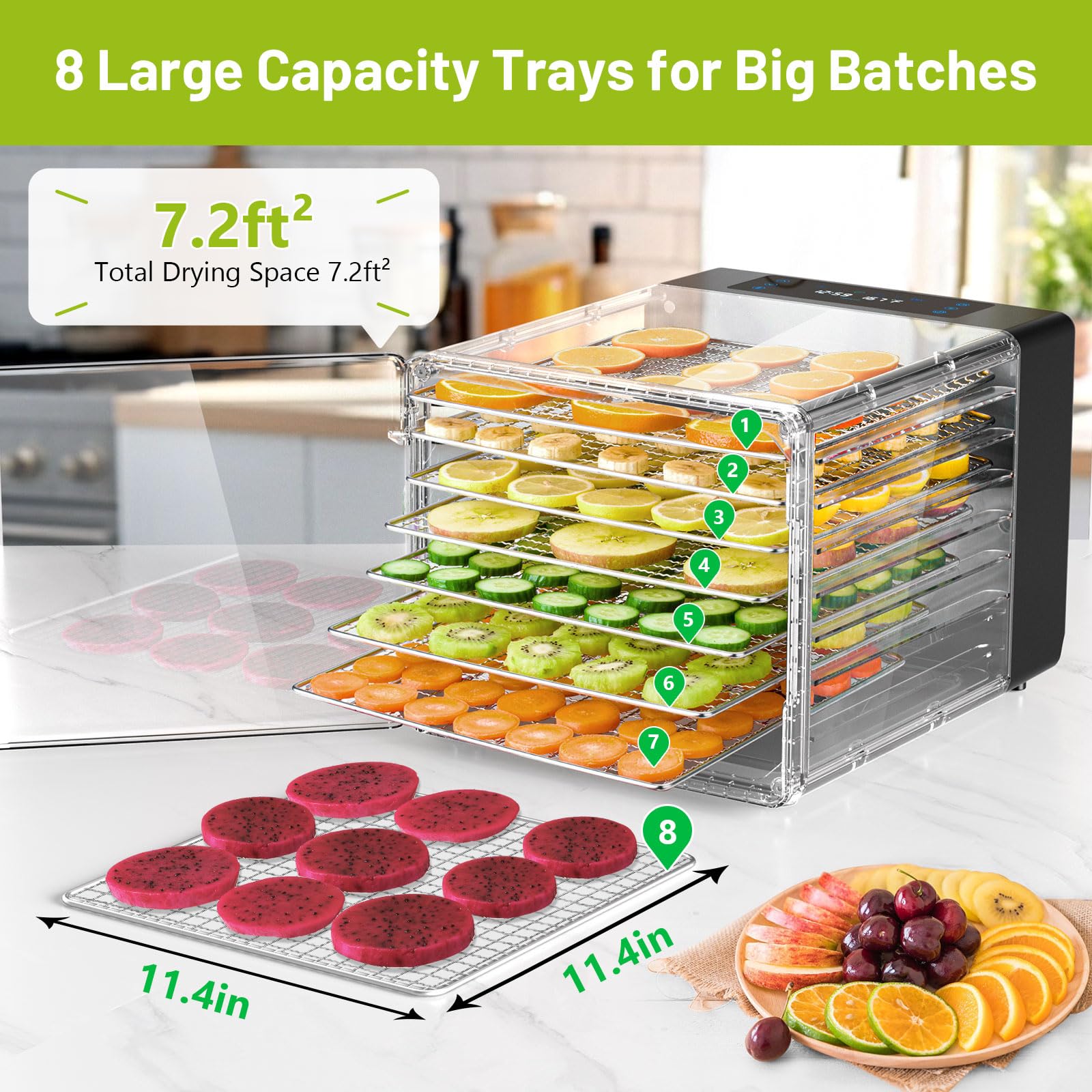 Food Dehydrator Machine Detachable, 8 Stainless Steel Trays, 600W Dryer for Jerky, Herb, Meat, Veggies, Fruit, Dog Treats, LED Display, 48H Timer & 86℉-167℉ Temperature Control, Recipe Book Included