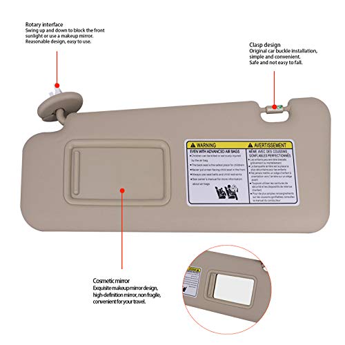 CULMKARI Left Driver Side Sun Visor for Toyota Highlander 2008-2013 with Vanity Light Replaces 74320-48500-B0 Beige