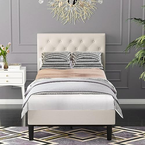 HOMBCK Twin Bed Frame, Upholstered Bed Frane Twin with Button Tufted Headboard, Linen Fabric Modern Bed Frame, Sturdy Wood Slat Support, No Box Spring Needed, Beige