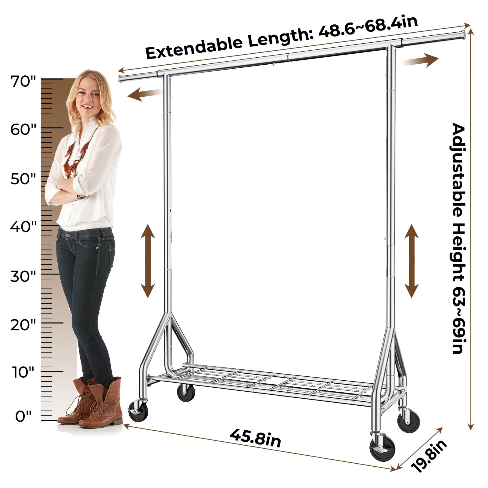 HYSEYY Heavy Duty Clothes Rack Load 450 LBS, Metal Garment Rack, Standing Rolling Clothing Rack for Hanging Clothes with Sturdy Wheels & Shelves, Portable Closet Wardrobe Rack,Sliver