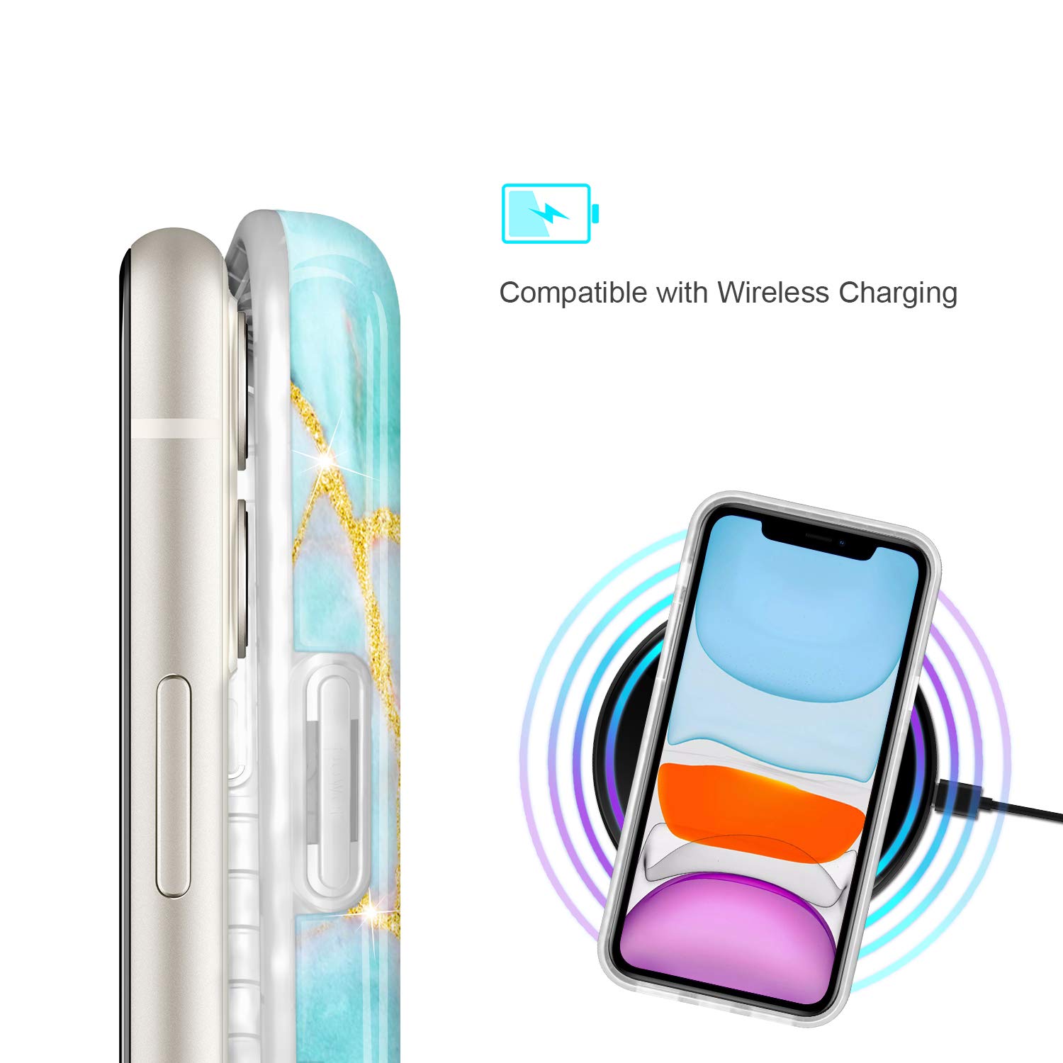 CAOUME Compatible with iPhone 11 Case (2019 Release) Holographic Geometric Marble Design Purple Blue Protective Stylish Cases for Apple Phone(6.1") Cover with Silicone Bumper Defender Camera