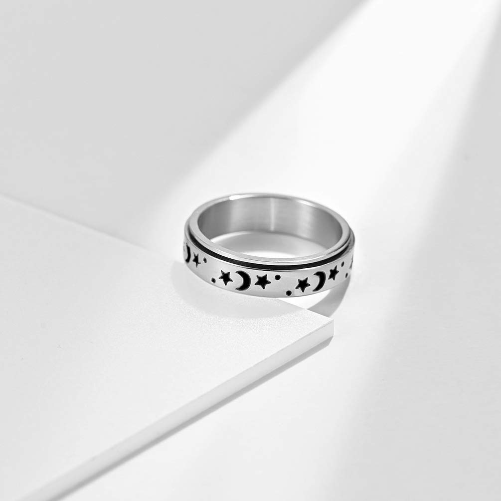 COLORFUL BLING Rotatable Moon Star Sun Fine Stainless Steel Tuning Rotating Ring Boho Jewelry for Women Men Size 6-11-10