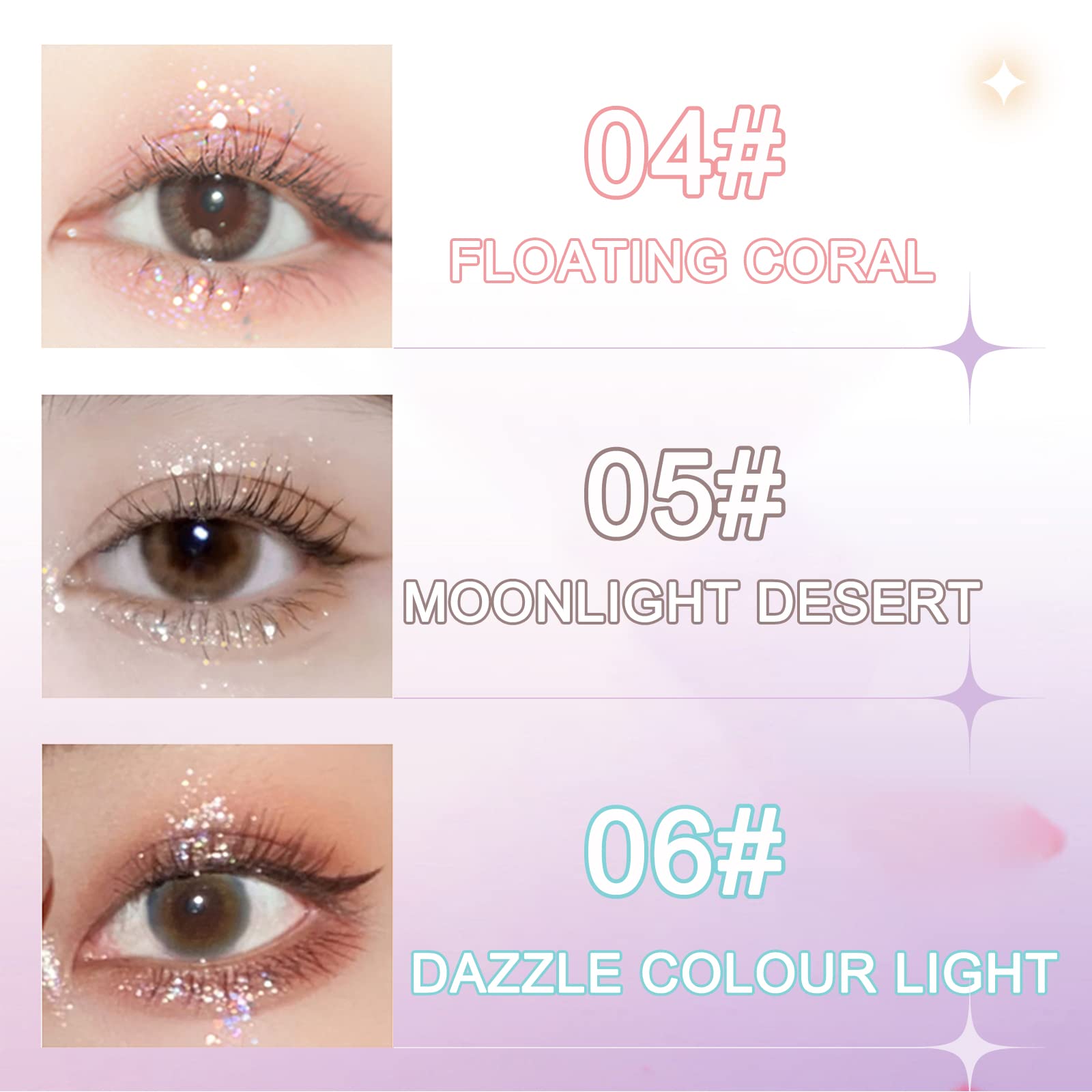Erinde Liquid Glitter Eyeliner Eyeshadow, Shimmer Metallic Liquid Eye Shadow, Long Lasting, Easy to Apply, Quick Drying, Loose Glitter Glue for Korean Sparkle Tear Drop Makeup, 6PCS