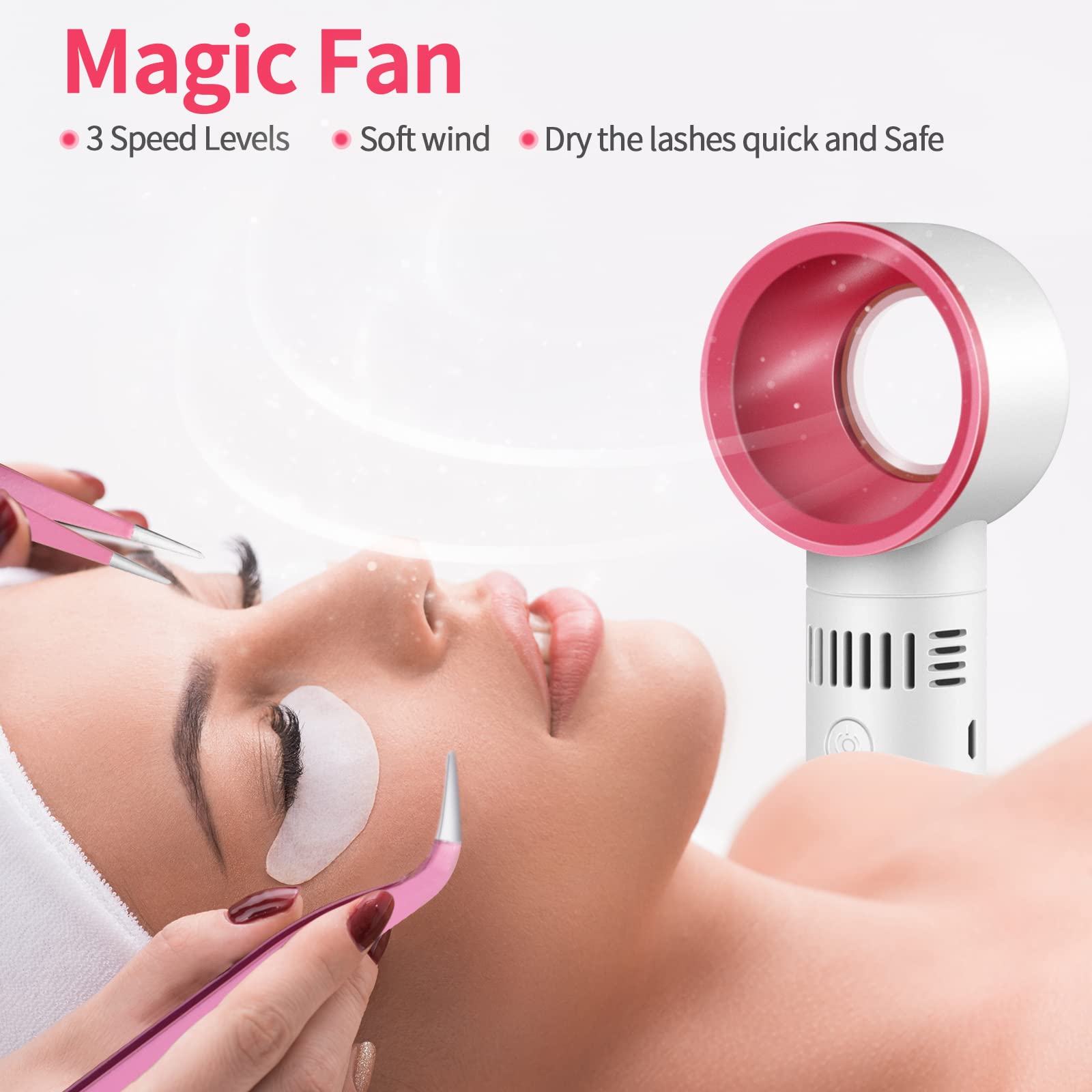 Eyelash Fan Dryer with Lash Tweezers, Portable USB Rechargeable Bladeless Mini Fan Handheld Air Conditioning Blower Cooling Dryer for Essential Eyelash Extension Lash Supplies (White)