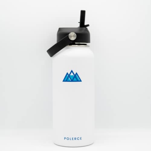 Vacuum Insulated Bottle with 3 Lids - Flex Straw Lid, Flex Lid, and Coffee Flip Lid - Stainless Steel Double Wall Thermally Insulated Flask - 5 Sizes - 5 Colors - by Polerce (32 Oz, White)