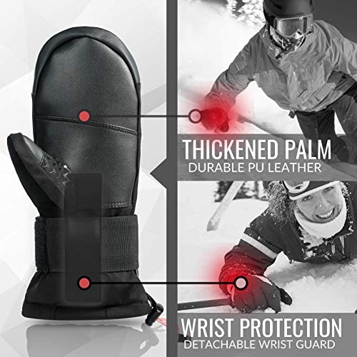 devembr Ski Mittens Waterproof, Snowboard Mittens with Wrist Guard, Black S