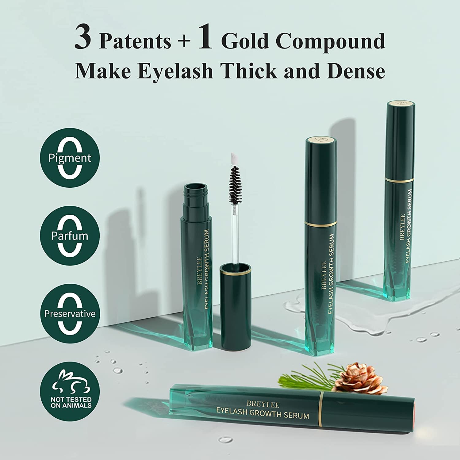 Eyelash Growth Serum, BREYLEE Lash Boosting Serum for Longer, Fuller, Thicker, Enhancing Lashes, Fast Premium Results in 30 days (Gold, 3ML/ 0.1 Fl. Oz)