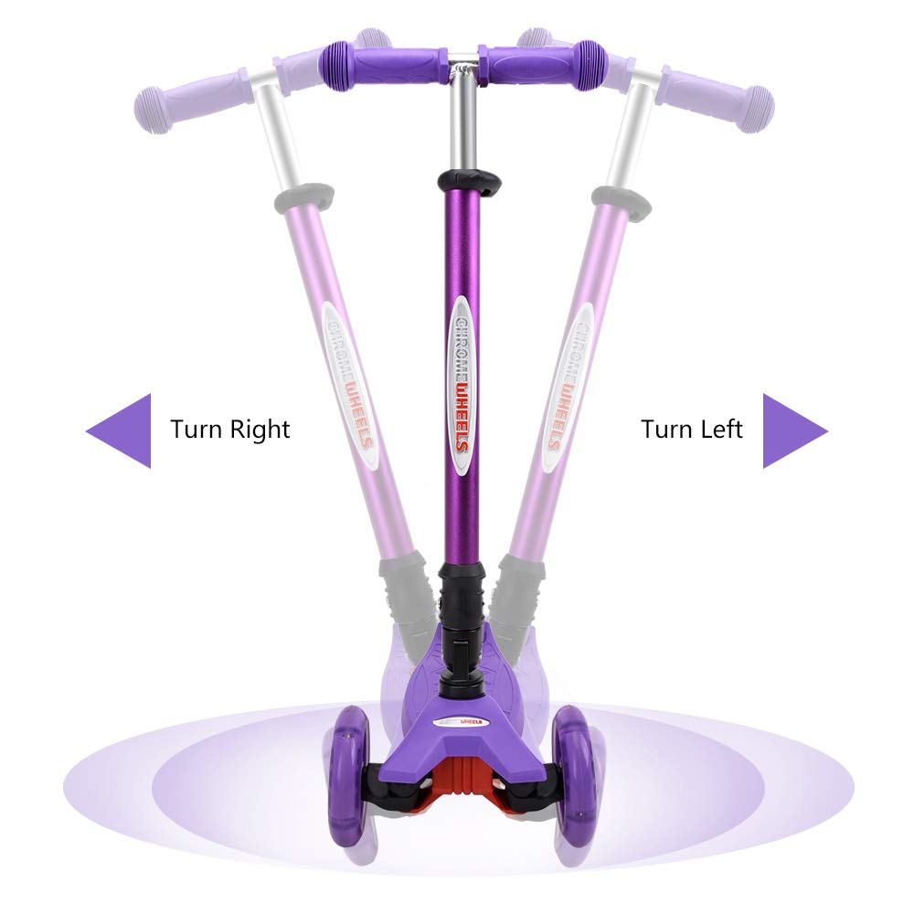 ChromeWheels Scooters for Kids, Deluxe Kick Scooter Foldable 4 Adjustable Height 132lbs Weight Limit 3 Wheel, Lean to Steer LED Light Up Wheels, Best Gifts for Girls Boys Age 3-12 Year Old, Purple