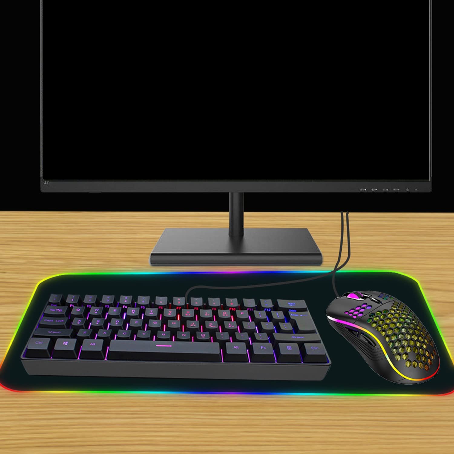 EXHNLE Gaming Keyboard and Mouse Combo, Ultra-Compact 61 Keys RGB Backlit Mini Keyboard, USB Wired Backlit Keyboard, for Laptop PC Computer Game and Work