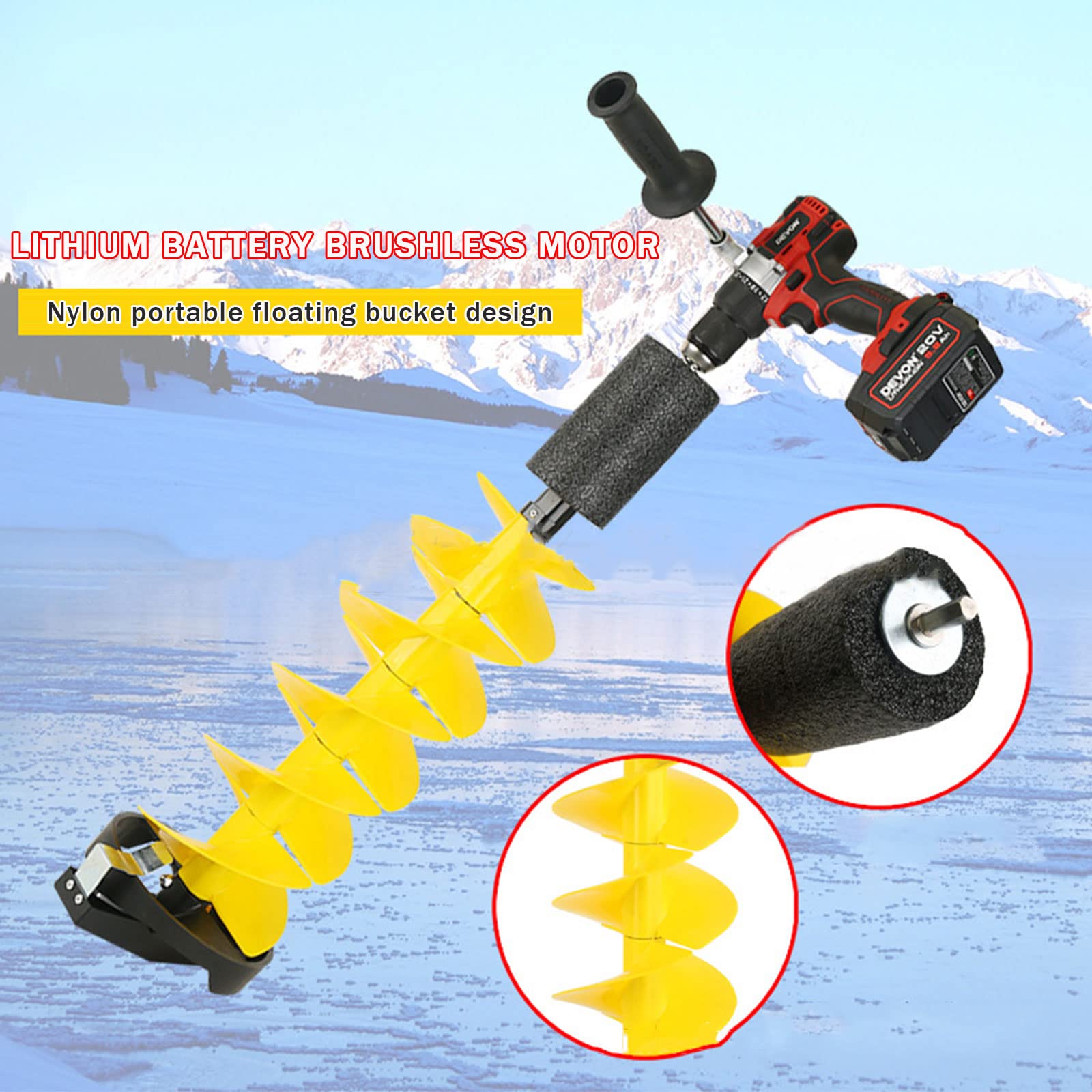 CURFE Outdoor Ice Drill Winter Fishing Electric Ice Drill Ice Breaking 20Cm Nylon Float Drill with Positioning Electric Drill,Yellow