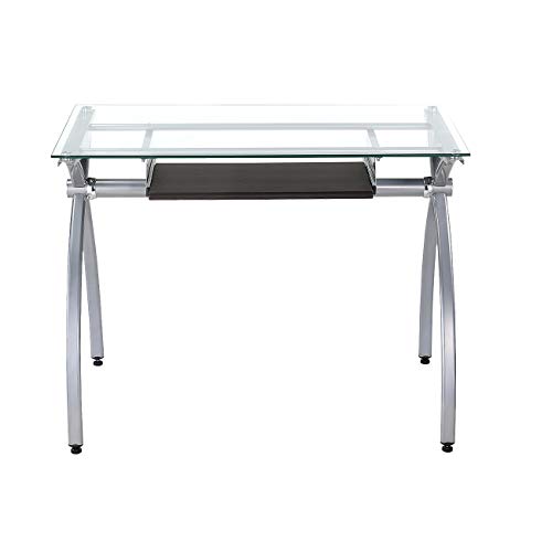 Techni Mobili Modern Work Desk-43.25β Wide Tray-Perfect Clear Contempo Glass Top Computer Desk with Pull Out Keyboard Panel, 43.25" W