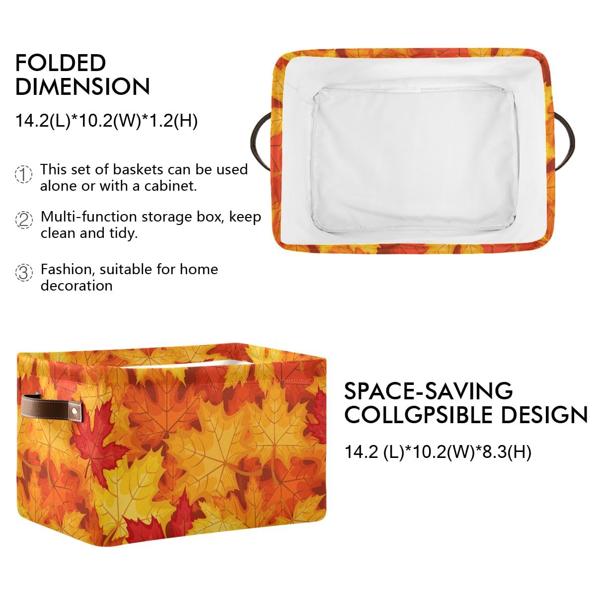Fall Maple Leaves in Autumn Storage Basket,Large Storage Bin Fabric Collapsible Organizer Bag with Handles 15x11x9.5 inch