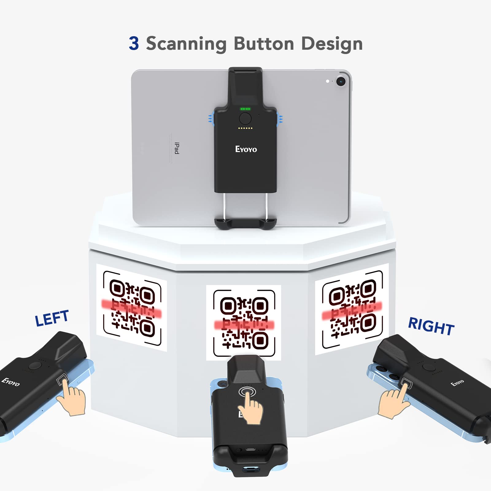 Eyoyo 2D Bluetooth Backclip Barcode Scanner Compatible with iPad, iPhone, Android Phone, 3000mAh Rechargeable Battery, Wireless QR UPC Bar Code Reader for Library Warehouse