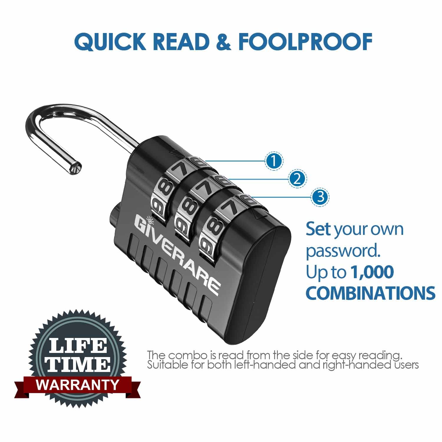 GIVERARE 8 Pack Combination Lock, 3-Digit Padlock Keyless, Resettable Luggage Locks for Backpack, Gym & School & Employee Locker, Weatherproof Travel Lock for Fence, Backyard Gate, Hasp, Case-Black
