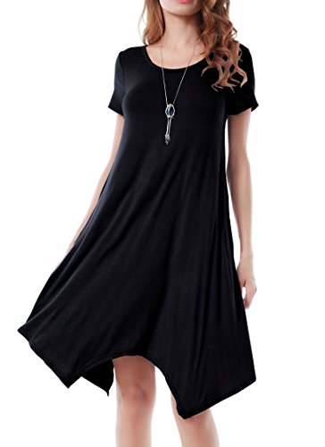 Invug Women Casual Loose Soft Crewneck Short Sleeve Pockets Swing T-Shirt Zigzag Hem Dress Black L