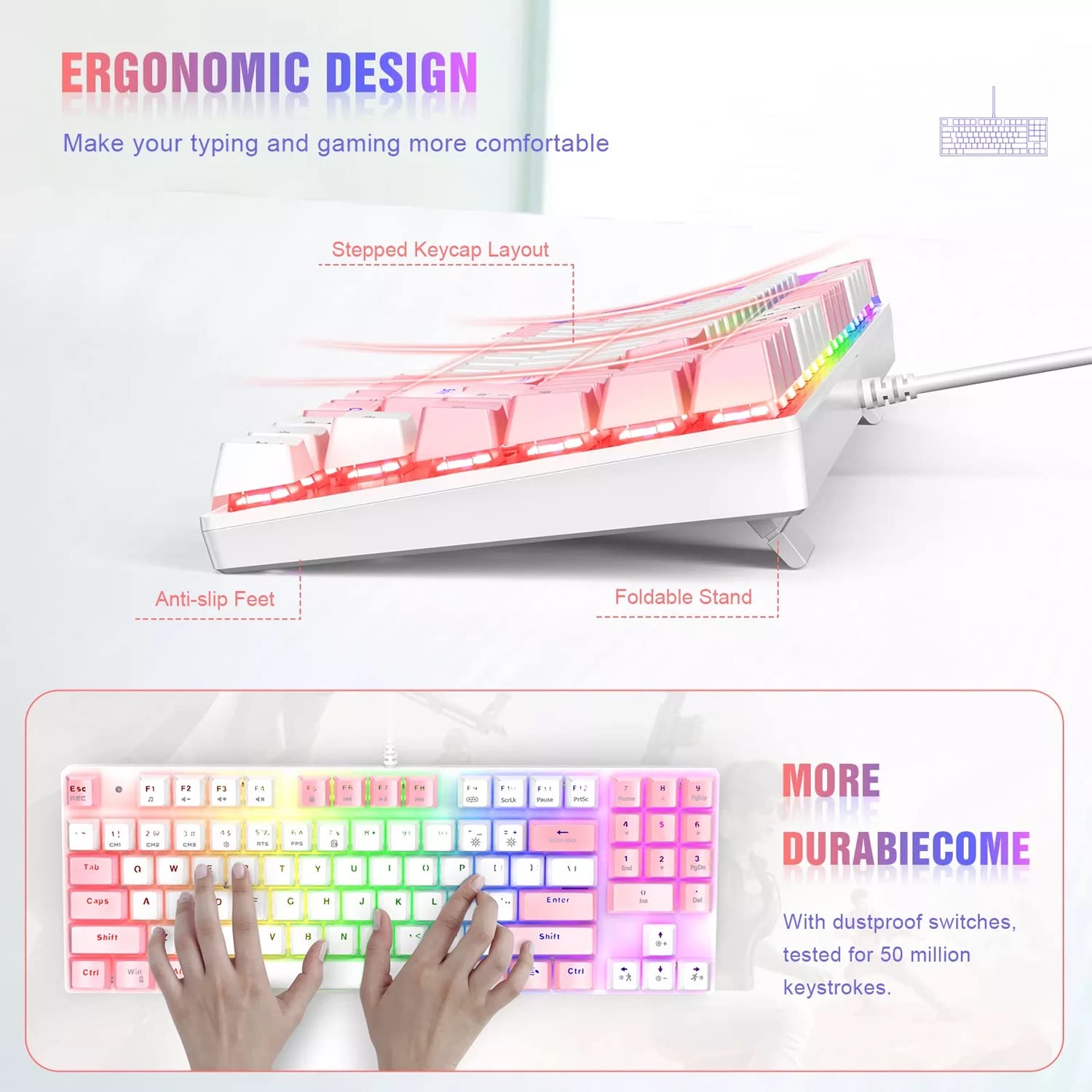 EXHNLE RGB Gaming Keyboard and Mouse Combo,87 Keys Gaming Keyboard Wired RGB Backlit Gaming Keyboard USB Backlit Keyboard, for Laptop PC Computer Game and Work (Color : White)