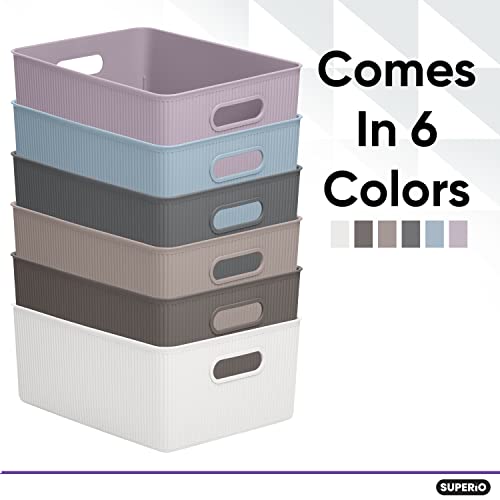 Superio Ribbed Collection - Decorative Plastic Open Home Storage Bins Organizer Baskets, Large White (6 Pack) Container Boxes for Organizing Closet Shelves Drawer Shelf 15 Liter/16 Quart