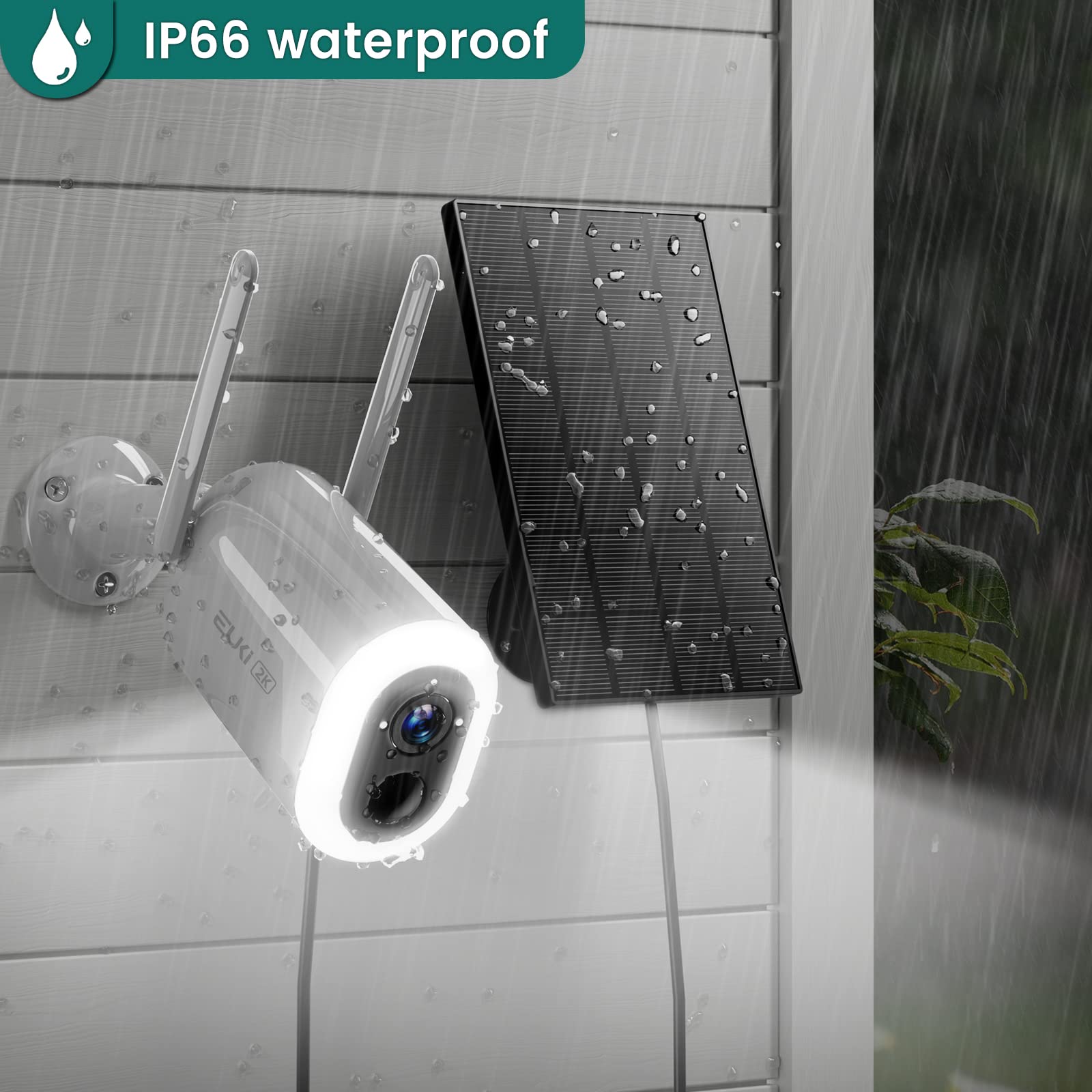 EUKI Solar Security Camera, 2K Security Camera Outdoor, Floodlight Camera, 800 Lumen LED, WiFi, Wireless, Full Color Night Vision, AI Human-Detection, Audible and Visual Alarm, Battery Solar Powered.