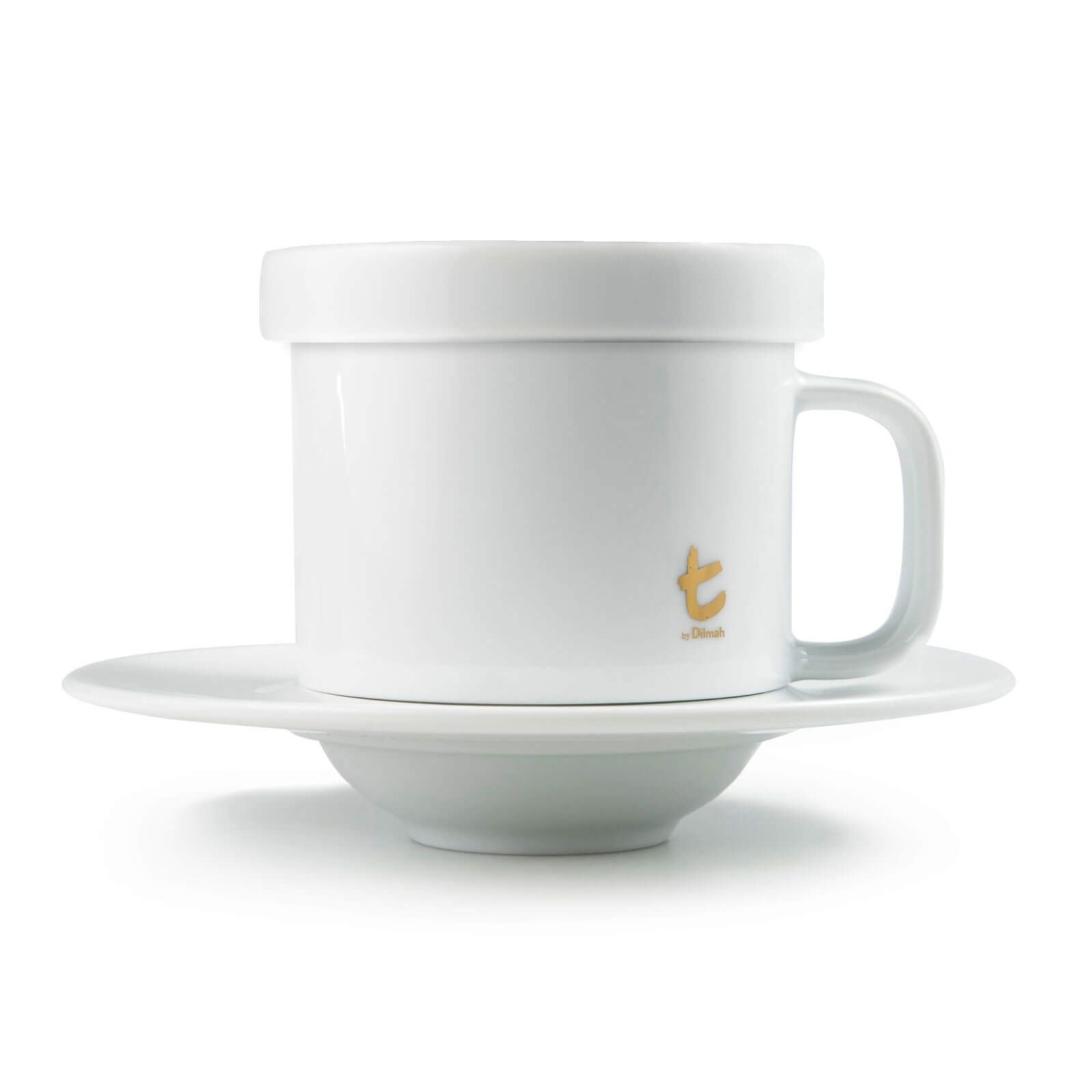 Dilmah, Tea Mug, Saucer, and Lid, Fine Porcelain, t-Series Collection, Gold Monogram, Coffee or Tea Service, 3 Piece Set, 10 Oz. volume, Pack of 2