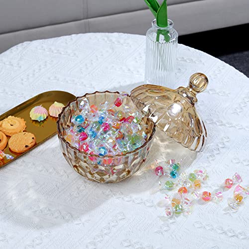 Joeyan Amber Glass Candy Dish with Lid,Large Glass Covered Candy Jar,Decorative Candy Bowl,Embossed Glass Canister for Cookies Nuts Chocolates,Home Wedding and Buffet Decoration Jars,34 oz