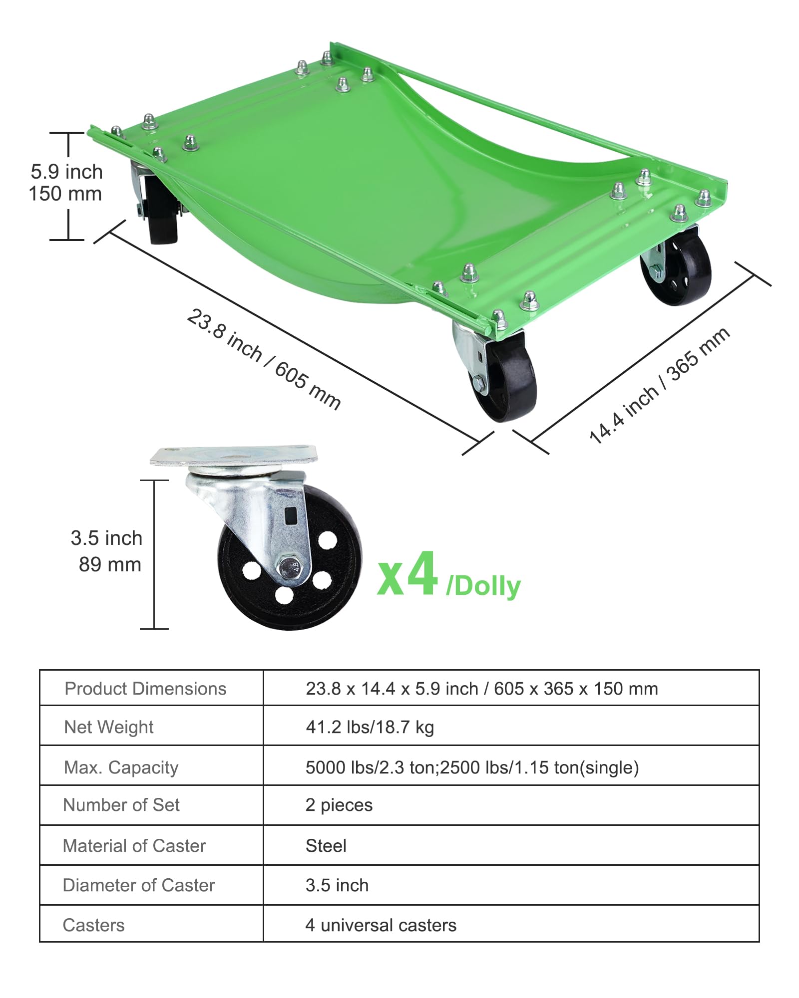 GarveeTech 5000lbs Car Wheel Dolly Set of 2, Vehicle Rollers Dolly for Moving Car with Heavy Duty 3.5 Inch Steel Wheels, 23.8in x 14.4in