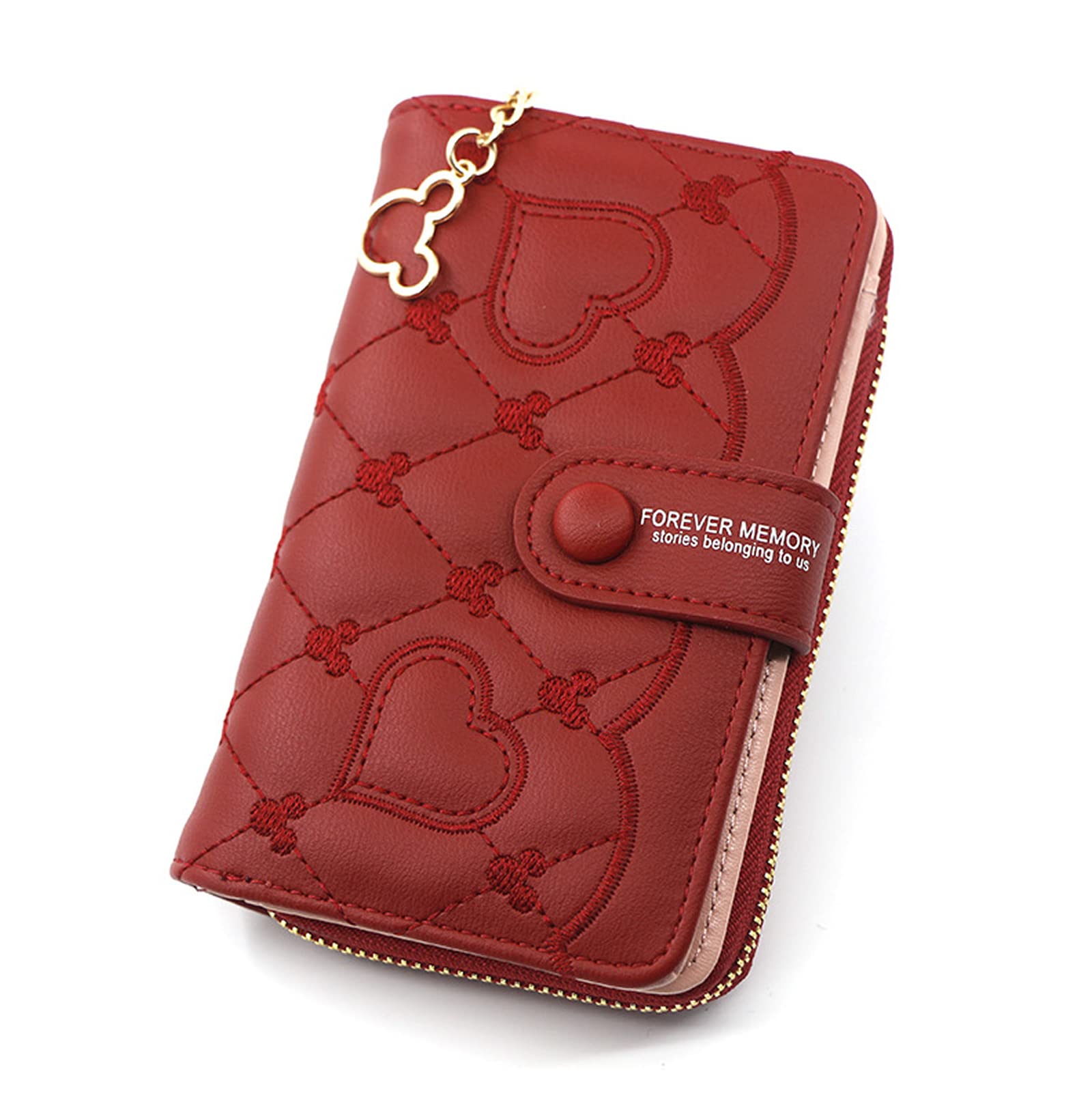 Card Wallets for Women with Zipper Pocket Leather Slim Small Wallet Rfid Blocking Bifold 5 Credit Coin Pocket Purse Medium Long (Red)