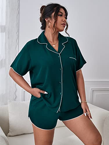 OYOANGLE Women's Plus Size 2 Piece Button Down Pajama Set Sleepwear Lounge Set Shorts Shirt PJ Set Dark Green 4XL