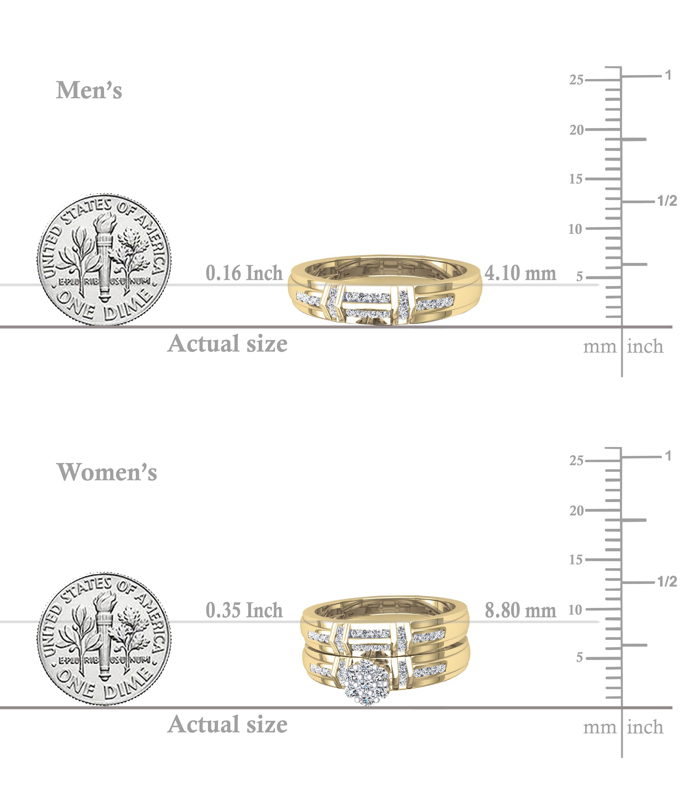 Dazzlingrock Collection 0.50 Carat (ctw) Round White Diamond Unisex Cluster Engagement Trio Ring Set in 14K Solid Yellow, W-7.5 & M-13