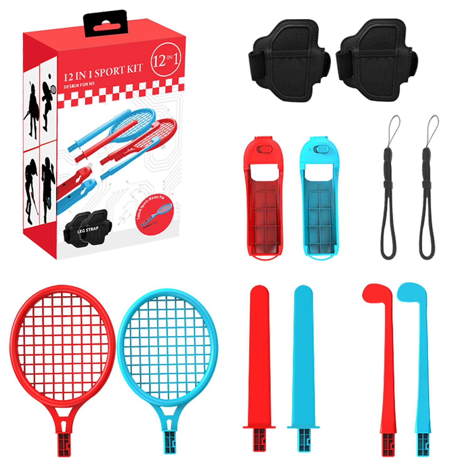 Ermorgen Switch Sports Accessories Bundle, 12 in 1 Detachable Kit for Nintendo Switch & Switch OLED, Joycon Grip for Sport Game, Leg Straps, Tennis Badminton Rackets, Golf Club and Sword Controller