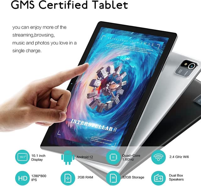 MODERNESS Tablet 10.1 Inch Android 12 Quad Core 32GB ROM 1280x800 IPS Display 5000mAh Tablets PC Silver