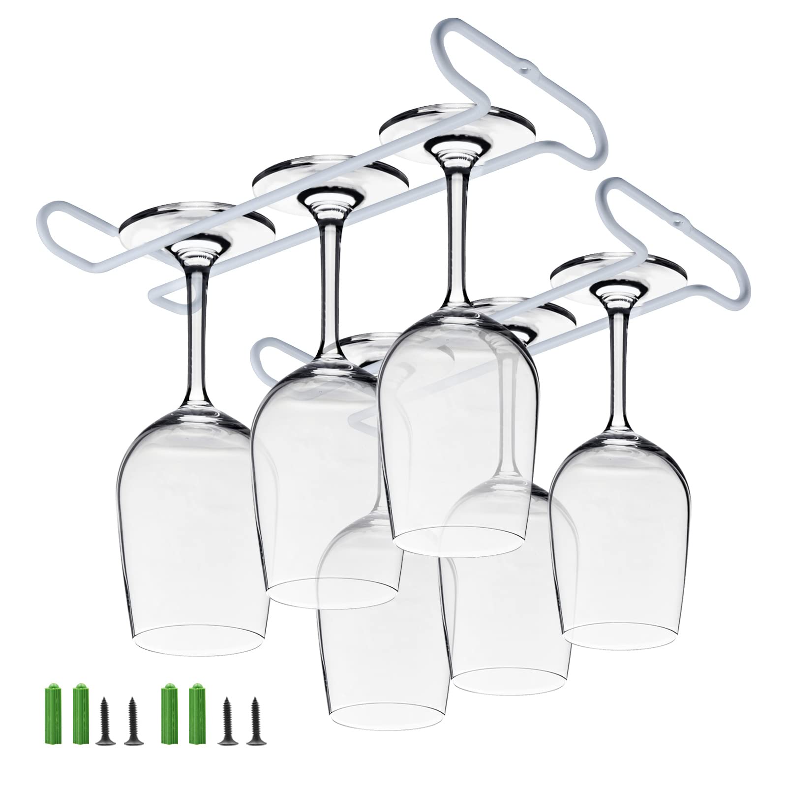 eastbao white 2 Wine Glass Rack Under Cabinet Shelf Glasses Holder Storage With Drying Stemware Rack Under Counter Wine Glass Holder Metal Hanger Steamware Wine Glass Hanging Rack for Kitchen