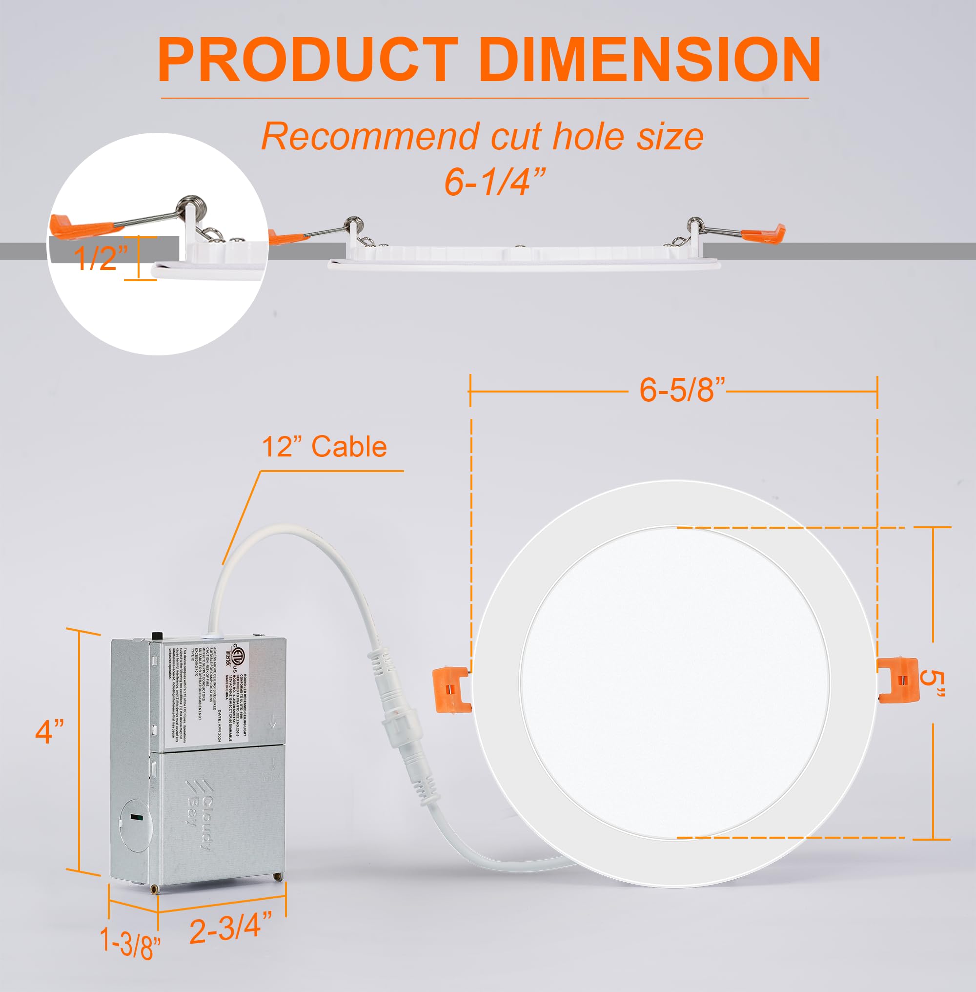 CLOUDY BAY 12 Pack 6 Inch 5CCT Ultra-Thin LED Recessed Ceiling Light with Junction Box,2700K/3000K/3500K/4000K/5000K Selectable,15W Dimmable Canless Downlight,1000LM High Brightness