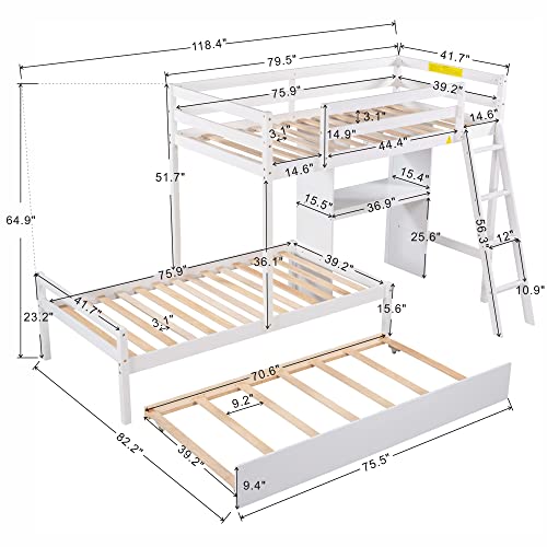 MOEO Twin Over Twin Bunk Bed with Trundle and Ladder for Kids, Adults, Wooden Bunkbed Frame w/Convertible Built-in Desk & Down Bed, Save Space, No Box Spring Required, White