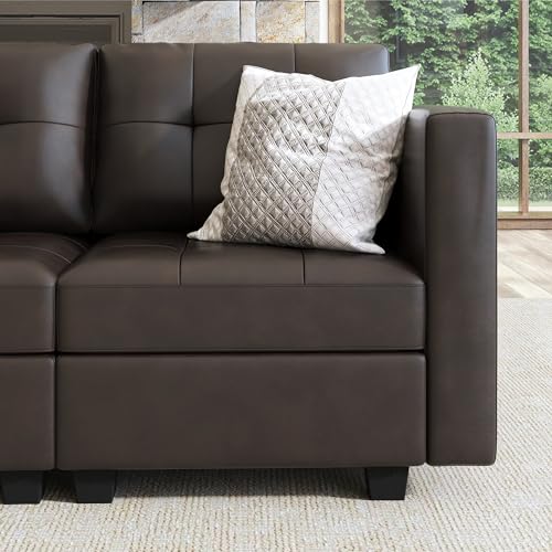 HONBAY Modular Sectional Sleeper Sofa with Storage, Large Sectional Couch Faux Leather, 8 Seat Sofa Bed Sectionals for Living Room Leather, Brown