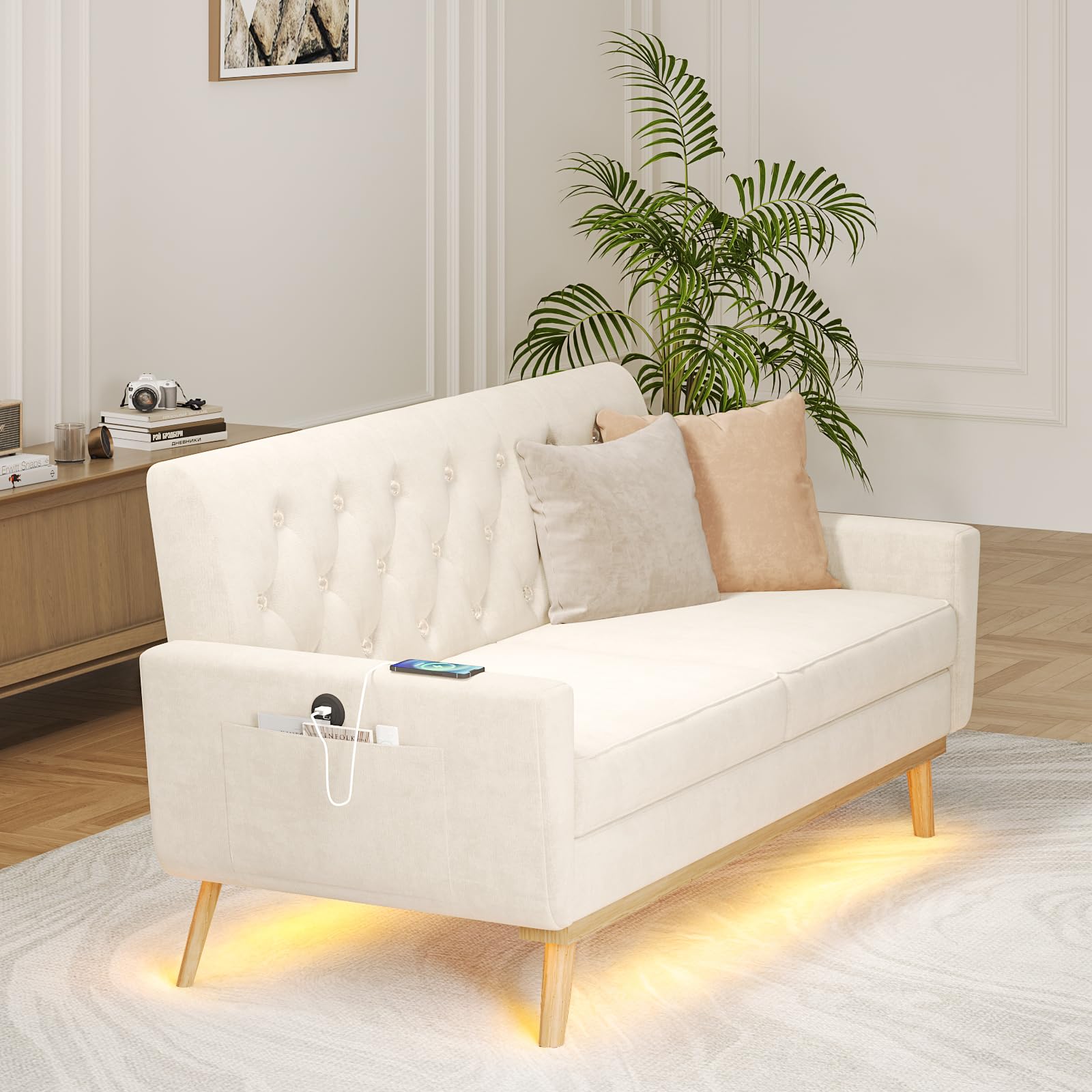 Fameill 65" Loveseat Sofa Couch, Mid Century Modern Love Seat Small Couch with Soft Cushion, LED Light, Crystal Button Tufted, Upholstered Comfy Small Couch for Living Room, Bedroom
