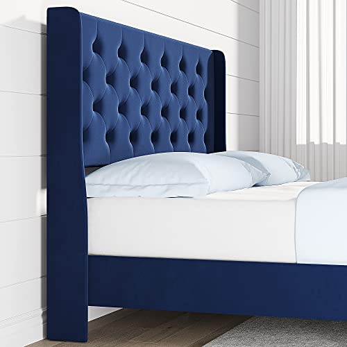 IDEALHOUSE Queen Size Bed Frame with Wingback, Upholstered Platform Bed with Diamond Tufted Headboard, Wooden Slats Support, Easy Assembly, Noise-Free, No Box Spring Needed, Dark Blue