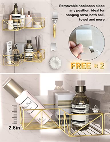 Iperlife Corner Shower Caddy Gold, Adhesive Shower Shelf Corner Shower Organizer with Hooks, 2-Pack Wall Mounted Bathroom Shelf for Inside Shower (Only Fits 90° Right Angle Corner)