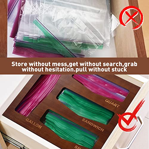 Mohoeey Ziplock Bag Storage Organizer for Kitchen Drawer, Bamboo Baggie Organizer Holder, Suitable for Gallon, Quart, Sandwich and Snack Variety Size Bag (Brown)