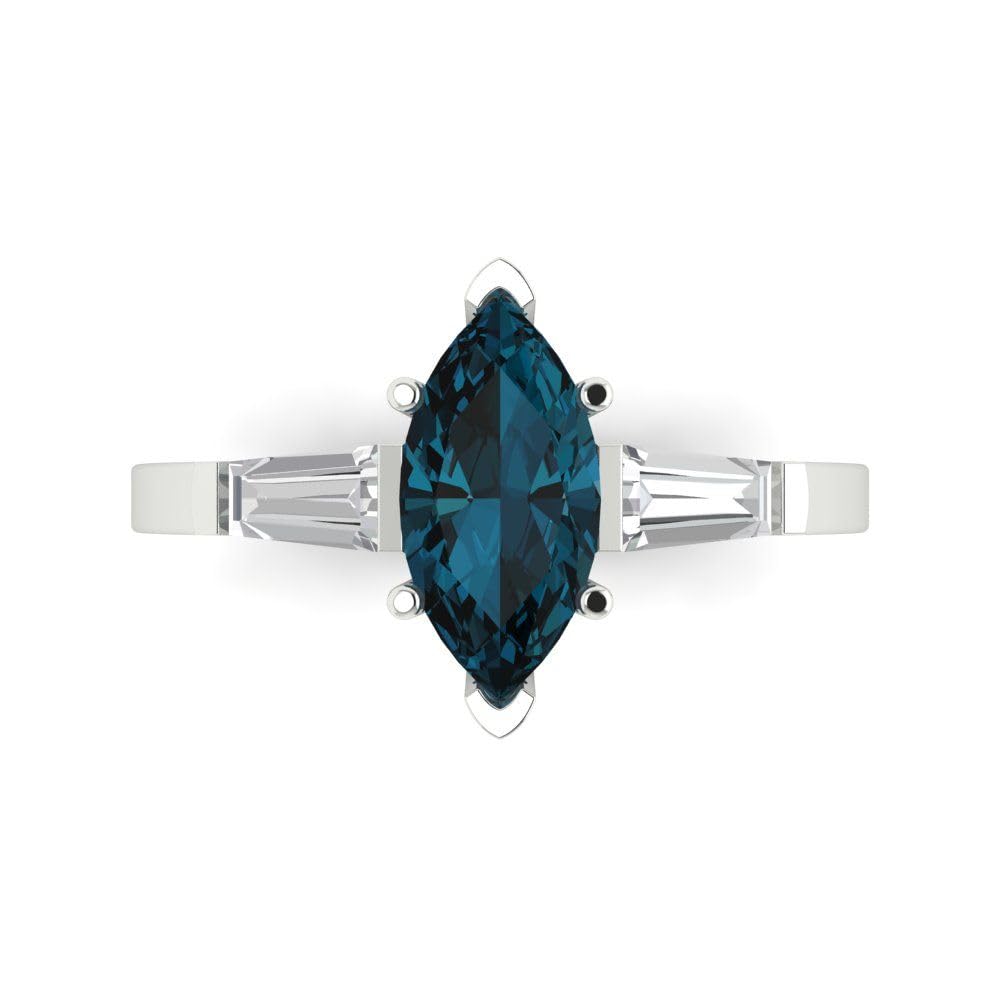 Clara Pucci 1.97ct Marquise Baguette cut 3 stone Solitaire Natural London Blue Topaz gemstone designer Modern Ring 14k White Gold