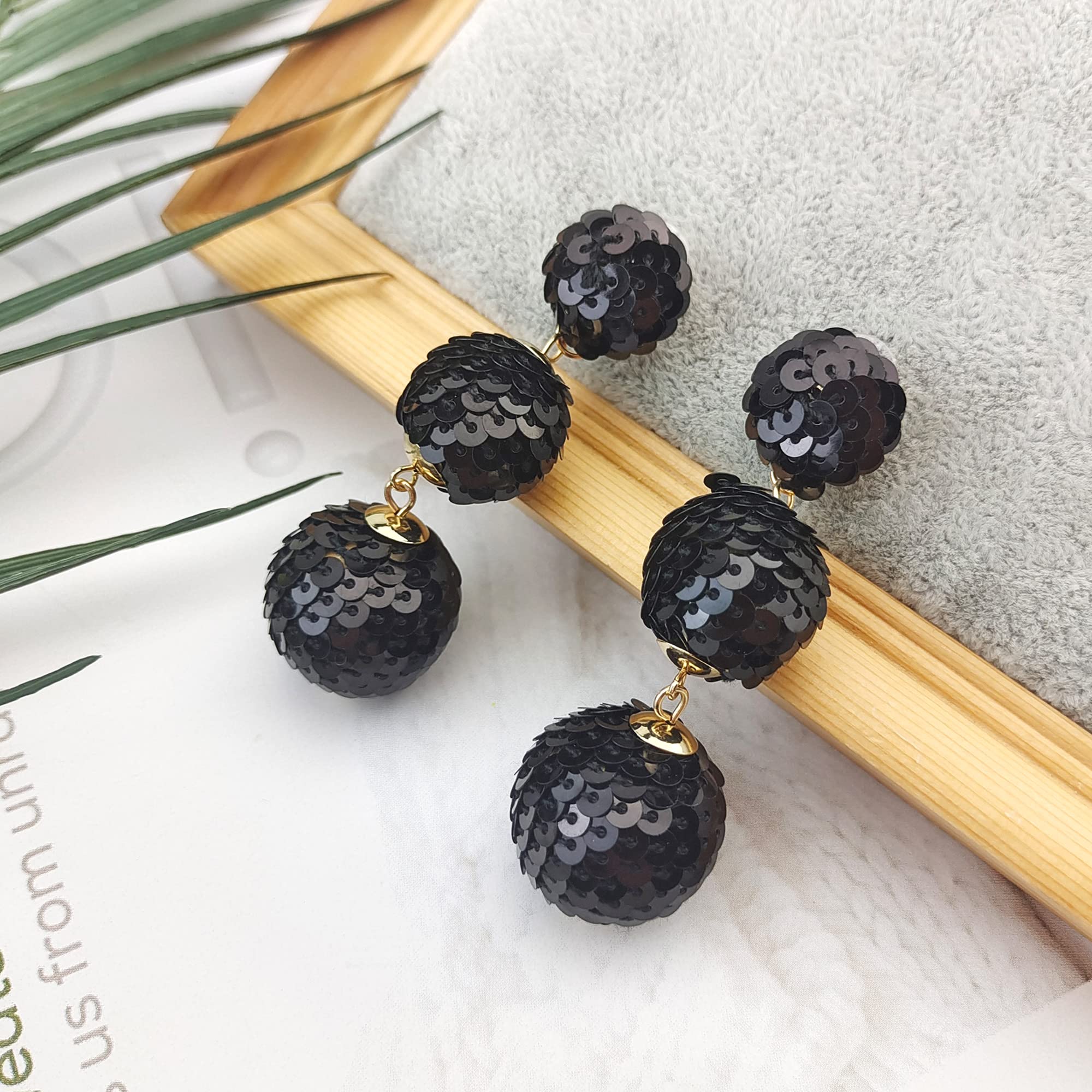 Coiris Black Sequin Ball Dangle Stud Earrings for Women Beaded Statement Drop Earrings(ER1084-black)