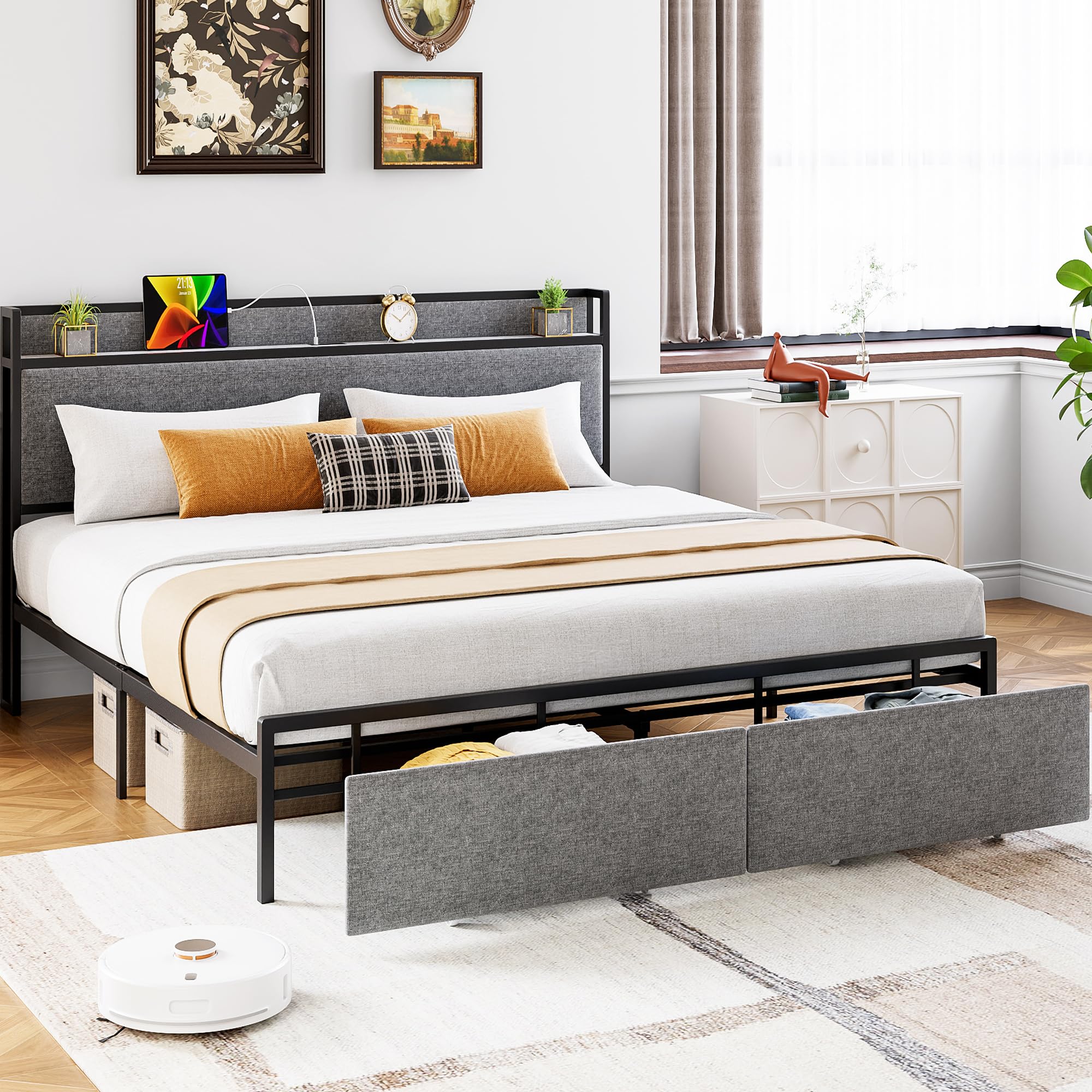 GarveeHome Full Size Bed Frame with 2 Drawers and Shelf Headboard, Charging Station with USB Port & Outlets, Upholstered Heavy Duty Platform Bed with Storage, No Box Spring Needed, Light Grey