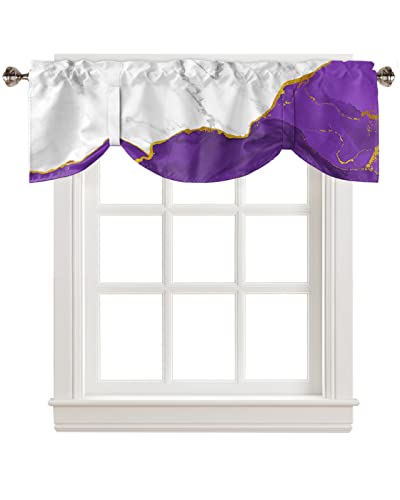 Tie Up Valance 18 Inches Long Wild Marble Pattern Gold Purple White Ombre Adjustable Top Shade Valance for Kitchen Window Treatments Rod Pocket Short Valances for Living Room Kids Room 60x18" 1 Panel