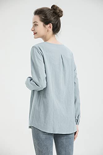 Minibee Women's Scoop Neck Pleated Blouse Solid Color Lovely Button Tunic Shirt White M
