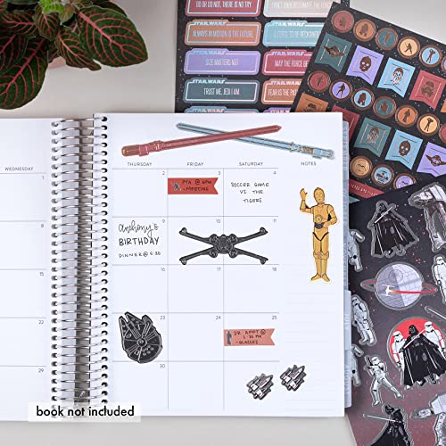 Star Wars x Erin Condren Classic Sticker Book - 254 Stickers Total. 12 Mixed Metallic Sticker Sheets. 5" x 7.75". Fun and Functional Star Wars Designs by Erin Condren.