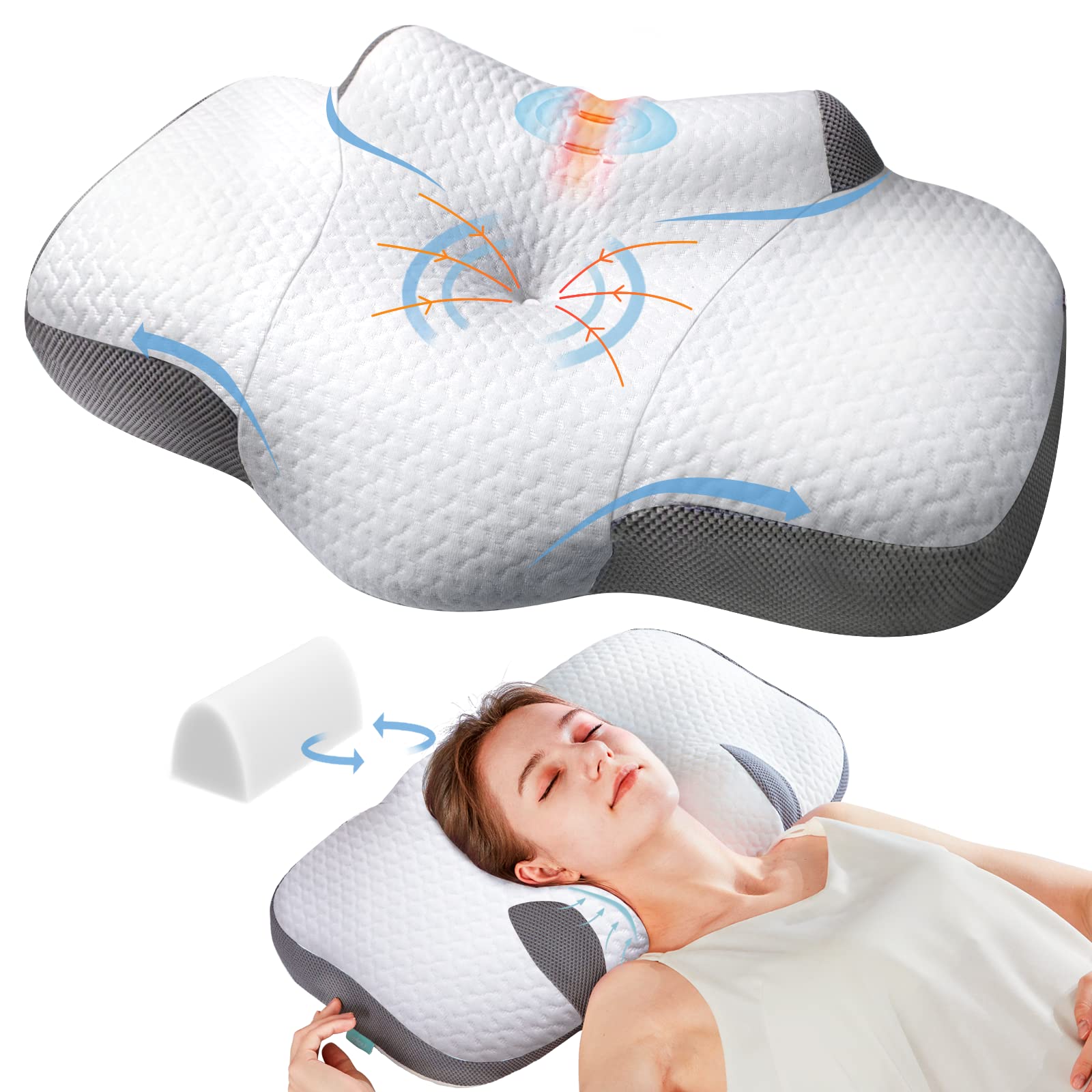 Cervical Memory Foam Pillow, Orthopedic Firm Soft Adjustable Hypoallergenic Ergonomic Contour Pillow for Side Back and Stomach Sleepers Grey