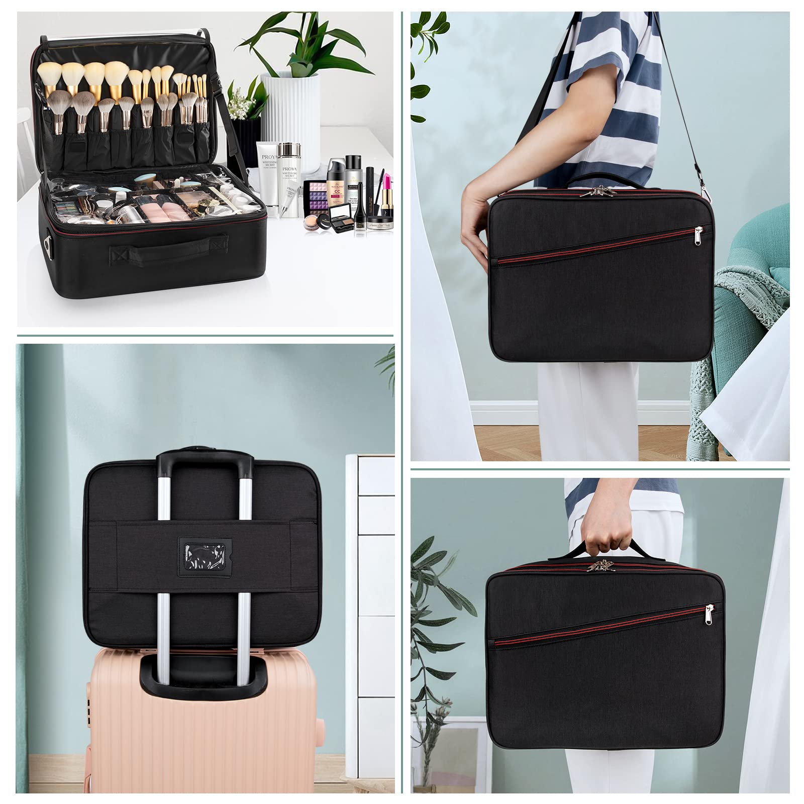 Extra Large Makeup Case, Makeup Bag Organizer Travel Cosmetic Case Portable Artist Storage Bag with Washable Plastic Divider and Heat Insulation Layer For Lipstick Makeup Toiletry Accessories Black
